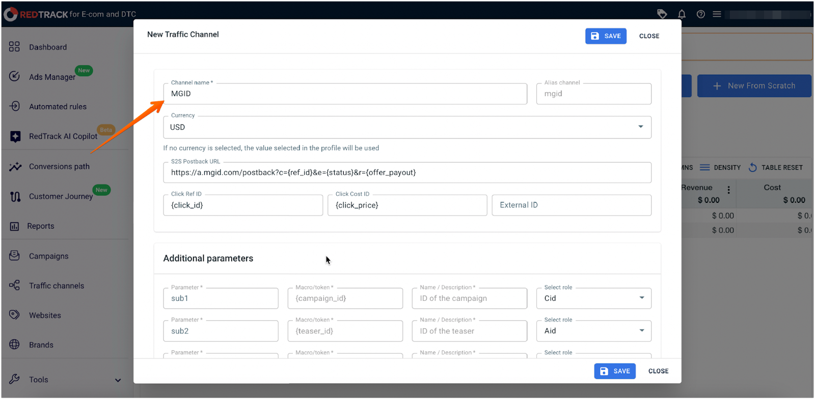 RedTrack Tracker Integration in MGID Ads